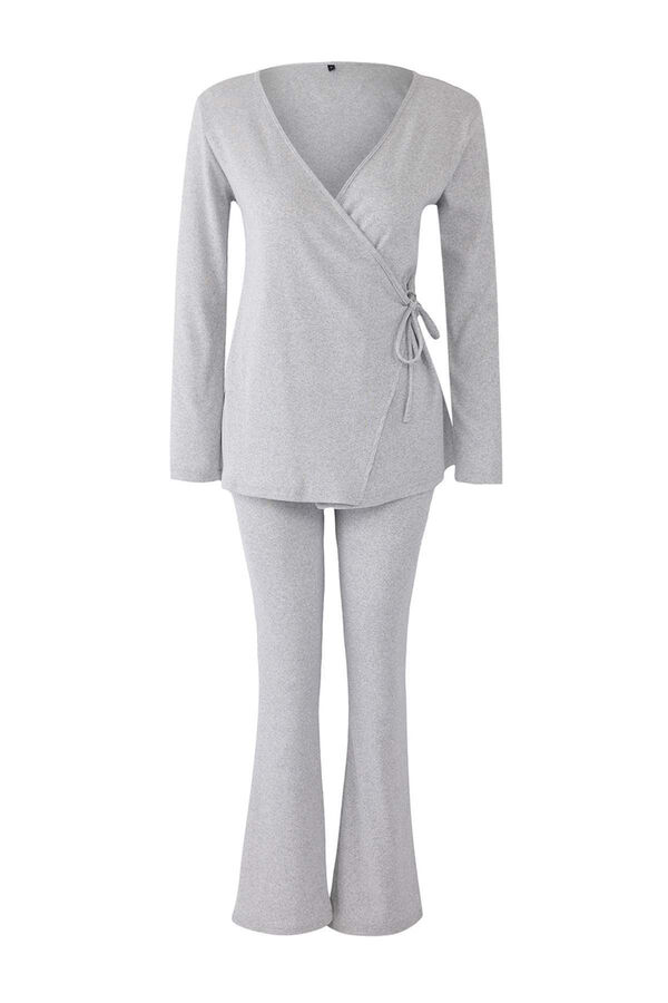 Heather grey pyjamas set with crossover neck and bow or tie detail ...